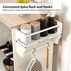 HOOBRO Kitchen Island with Storage, Rolling Kitchen Island with Folding Drop Leaf, Charging Station, Spice Rack, Drawer, Mobile Kitchen Island On Wheels, for Kitchen, White and Natural WN95UZD01