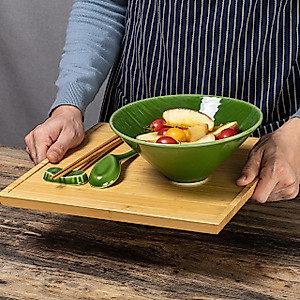 UNICASA 38oz Large Japanese Ramen Bowl Set with Chopsticks, Spoons and Stands, Ceramic Noodle Bowl Set of 2 for Udon, Pho, Soba, Salad and Soup – Reactive Glazed Light Green