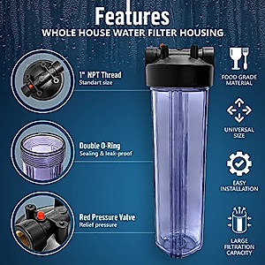 High Capacity 20 x 4.5” Whole House Filter Purifier System for Well or City Water, Presser Relief Button, 1” NPT Brass Port, Double O-Ring, Meets NSF Standards & Regulations (Transparent, 1 Set)