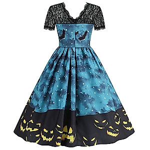 Halloween Costumes for Women Scary Funny Skeleton Swing Dress Lace Short Sleeve Flared Dresses Holiday Party Dress Sky Blue