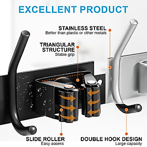 BEIUTAO Broom Holder Over the Door, Stainless Steel Heavy Mop and Broom Holder Wall Mount, Over the Door Hooks for Garage Closet Laundry - 4 Racks with 5 Hooks, Black