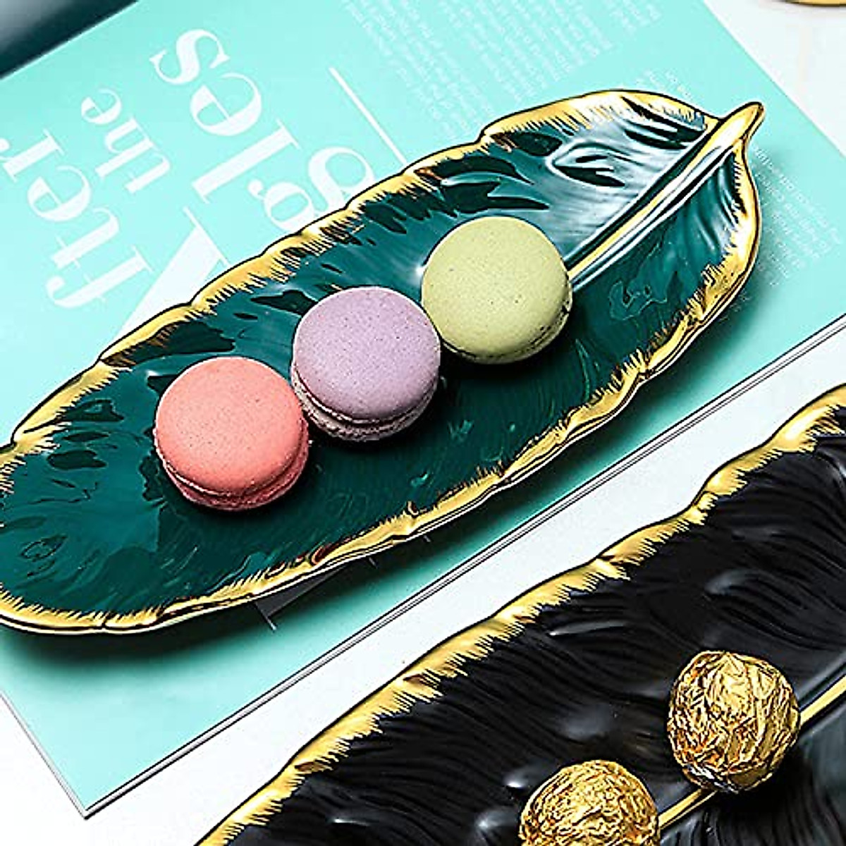 Organizer Tray Feather Trinket Dish Ceramic Jewelry Dish Organizer Vanity Dressers Tray for Bathroom Closets Tray Desk Ornate Jewelry-Green