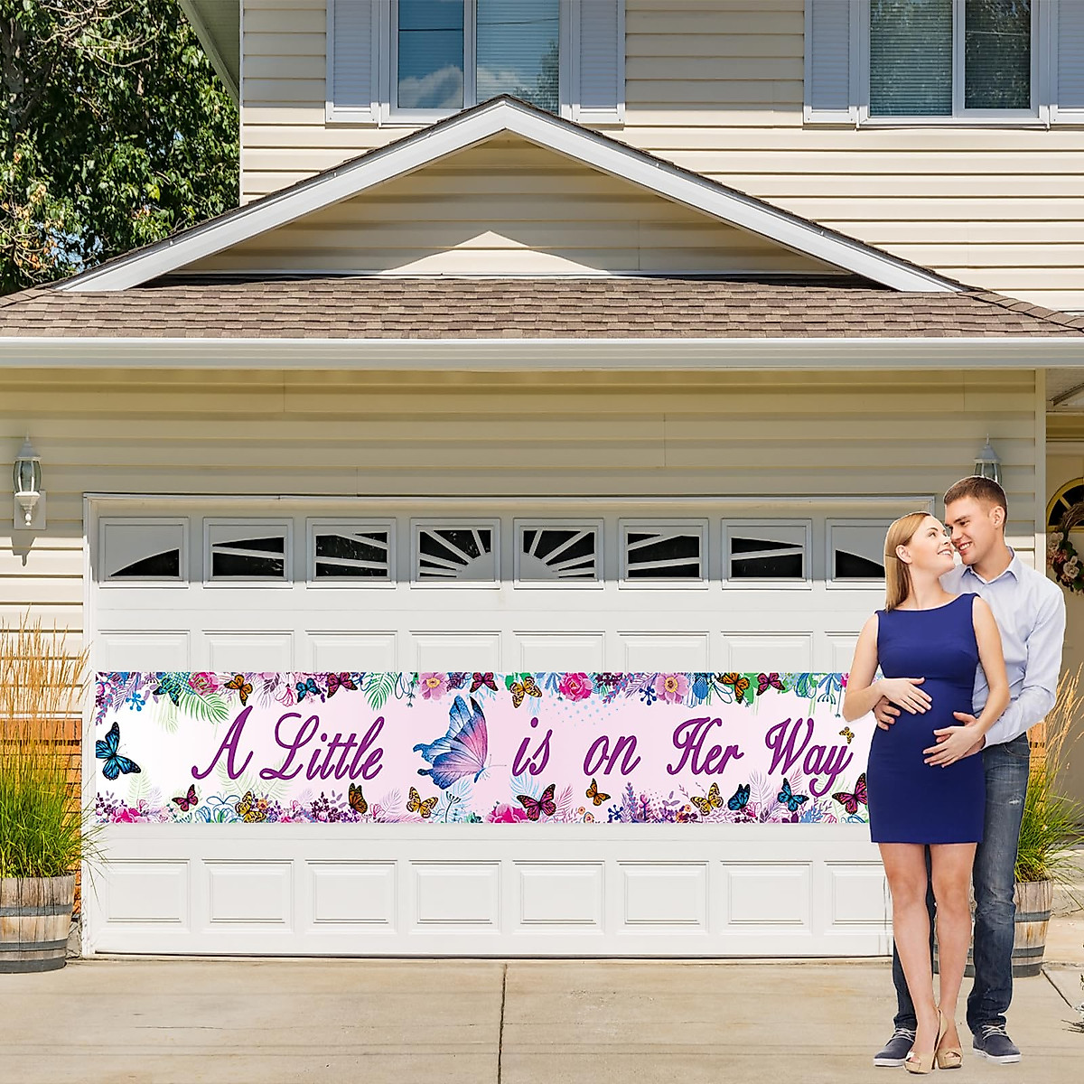 Labakita A Little Butterfly is on Her Way Banner, Purple Butterfly Baby Shower Decorations for Girl, Girl Baby Shower Banner for Courtyard / Garden / Yard, Gender Reveal Decorations