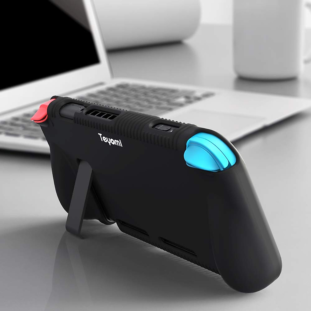 Teyomi Protective Silicone Case for Nintendo Switch, Grip Cover with Tempered Glass Screen Protector, 2 Storage Slots for Game Cards, Shock-Absorption & Anti-Scratch (Black)