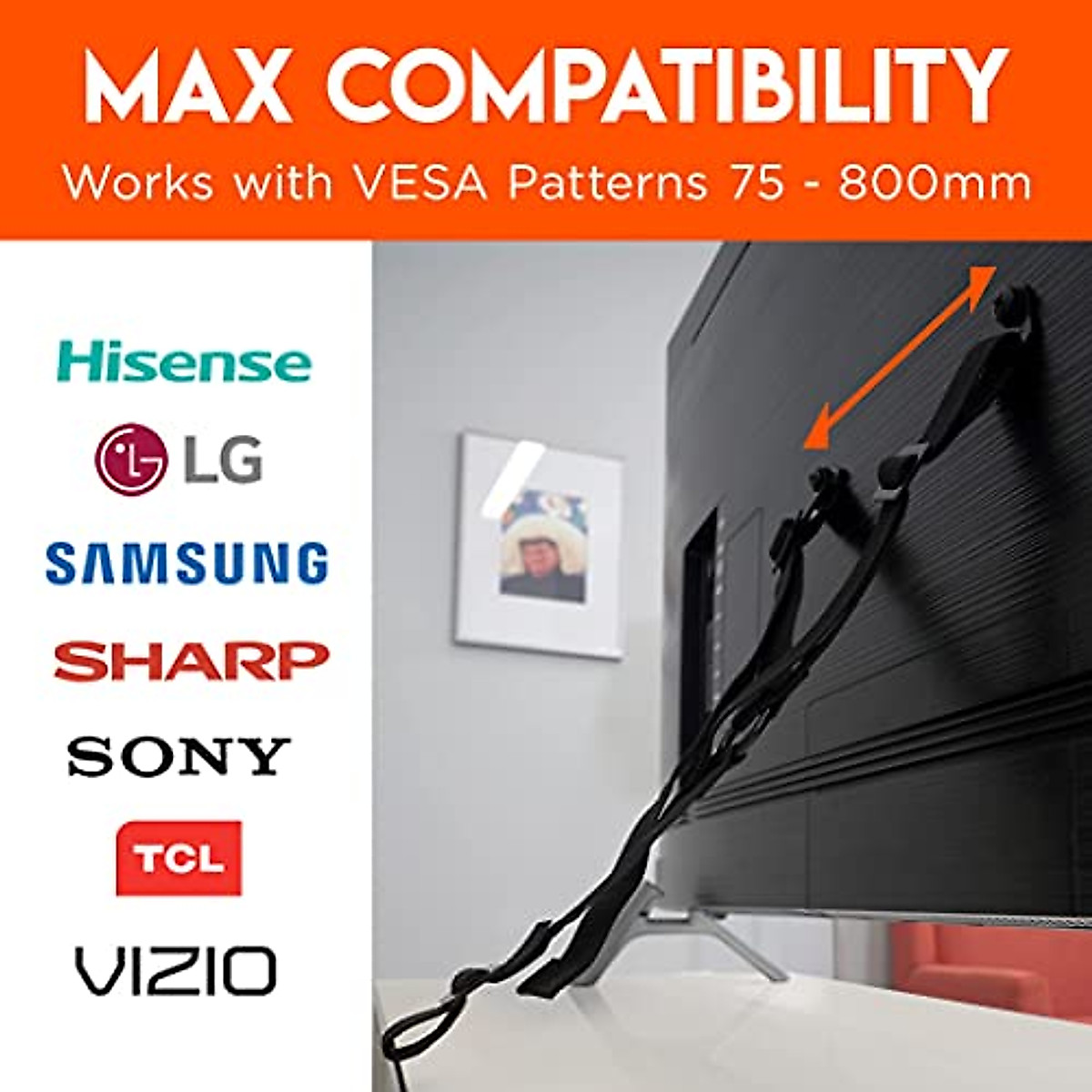 ECHOGEAR TV Safety Straps for Flat Screens - Anchor TVs Up to 90" to Furniture Or The Wall - Pre-Assembled Anti-Tip Strap Includes All Hardware for Baby Proofing Your TV