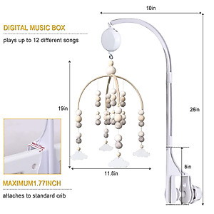 Nursery Mobile Crib with Music Box and Crib Mobile Arm, Baby Mobile for Crib, Handmade Felt Ball Mobile, Boho Nursery Decor for Baby Boys Girls Kids, Baby Shower Photography Props