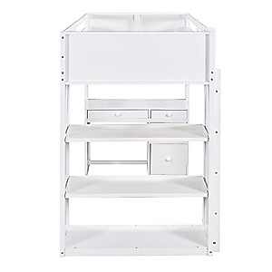 Harper & Bright Designs Twin Loft Bed with Desk and Bookshelf, Solid Wood Loft Bed Frame with Storage Drawers, 14.6" Height Full Length guardrail, for Kids Teens Adults (Twin Size, White)