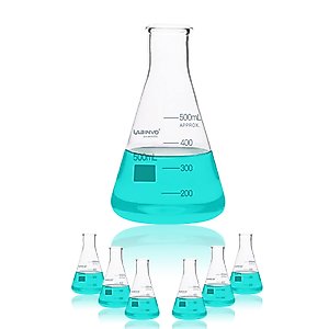 LABINVO 500ML Glass Erlenmeyer Flask, Narrow Mouth Graduated Conical Flask with Marking Spot, 6pcs of 3.3 Borosilicate Glass Flask Set, IN-EFN500