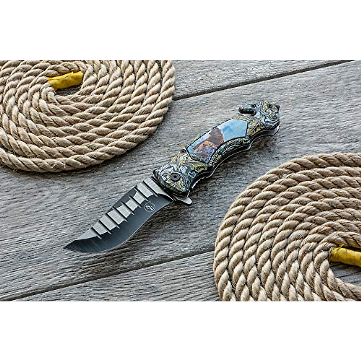 SE Spring Assisted Clip Point Folding Knife with Howling Wolf Design - KFD20024-2