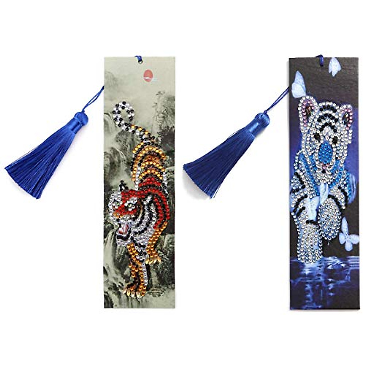 Tiger Bookmark Diamond Painting Set - pigpigboss 2 Pack Bookmark Diamond Dots Art Animal Tiger Leather Tassel Bookmark Diamond Painting by Numbers for Adult Kids (21 x 6 cm)