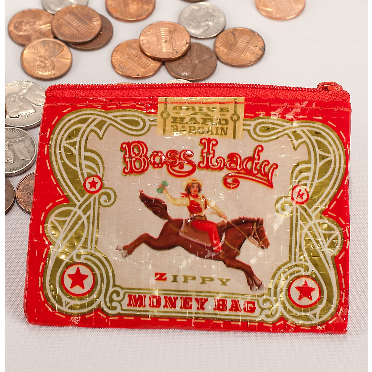 Blue Q Coin Purse, Boss Lady. Made from 95% recycled material, the ultimate little zipper bag to corral cash, credit cards, ear buds, gift cards, stamps, coins. 3"h x 4"w.