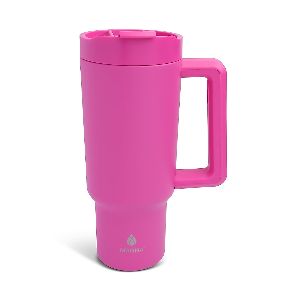 Manna Stainless Steel Double Wall Insulated Tumbler with Smart Seal Dual Sip Lid and Straw Fit Handle - 40 Oz - Bright Pink Powder Coat