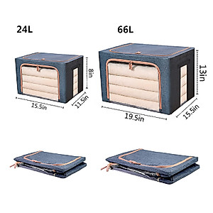 FLAHOLD 2 Pack Clothes Storage Bags, Foldable Linen Cloth Steel Frame Storage Box with Clear Window & Reinforced Handles for Bedding, Blankets, Pillows, Toys, Books(Navy, 24L, 2PCS)