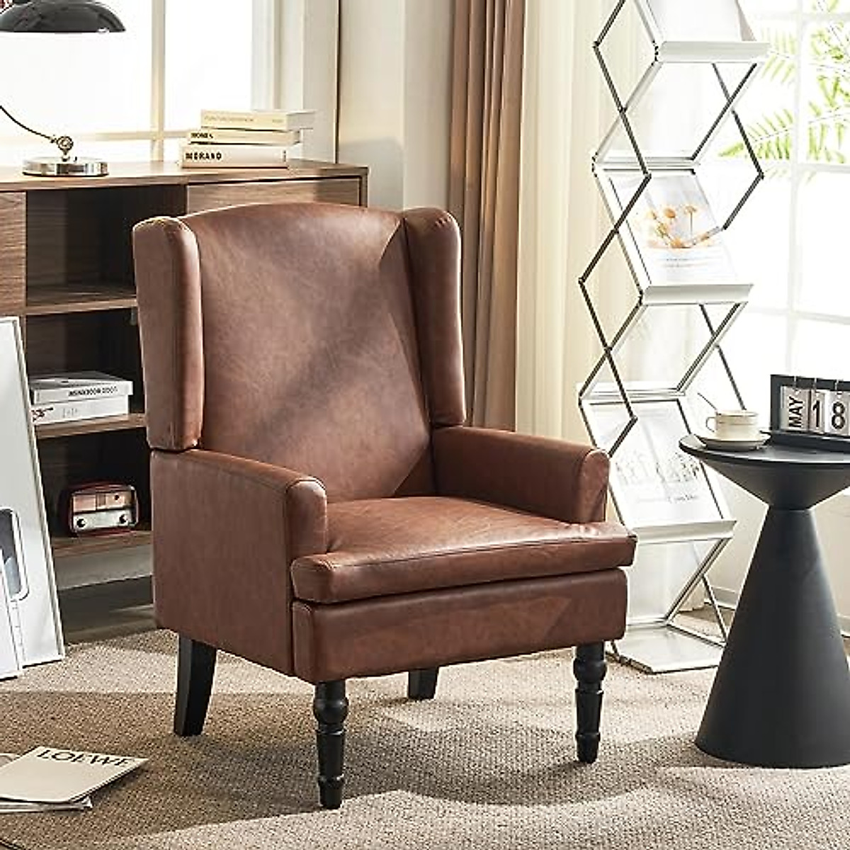 LOVSPATIO Faux Leather Accent Chair, Mid-Century Upholstered Living Room Chairs, Comfy Single Recliner Sofa with Arm and Wood Legs for Bedroom Waiting Room Office - Brown