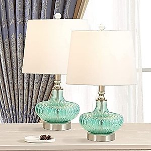 Maxax Glass Table Lamps Set of 2, Blue Bedside Desk Lamps with White Drum Shade for Living Room/Family/Bedroom/Nightstand