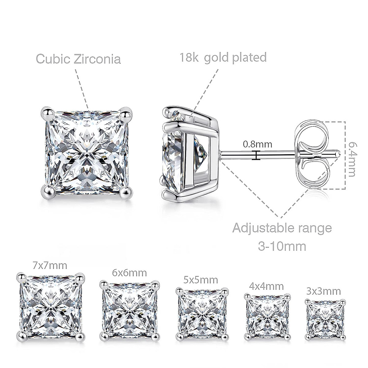 MDFUN 18K White Gold Plated Princess Cut Square Clear Cubic Zirconia Stud Earring Pack of 5 Pairs