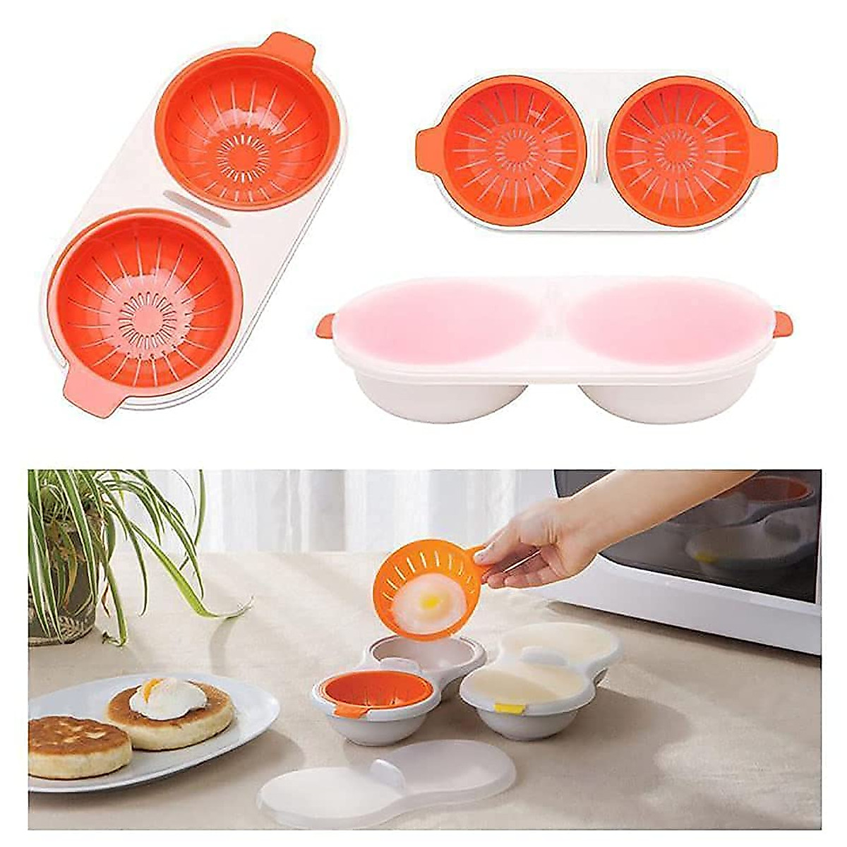 LaiDuoNINI Microwave Egg Poacher，Egg Cooking Rings, 2 Cavity, Food Grade Double Cup Boiler， Ovens Breakfast Cookware Kitchen Steamed Poached Gadget，Cooks Two Eggs at Once, (1358314-916-1820006481)