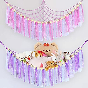 2 Packs Stuffed Animal Net or Hammock with LED Light Plush Toy Hammock Stuffed Animal Storage Holder Hanging Kids Toy Organizers and Storage Net with Tassels for Kids Bedroom Nursery Play Room Decor