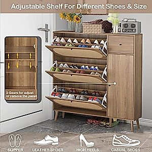 Henf Rattan Shoe Cabinet,Shoes Storage Cabinet with 3 Flip Drawers & Boot Rack,Freestanding Modern Shoes Organizer with Wood Legs, Entryway Shoe Rack Cabinet for Heels,Boots,Slippers (Wood Grain)