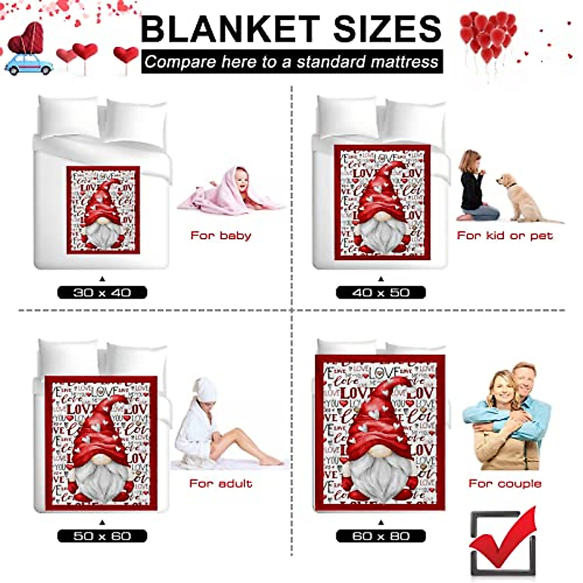 Ivarunner Gnome Blanket Throw with Love English Letters, Love You Throw Blanket for Couch Sofa Bedding Room Decor, Super Soft Fleece Flannel Blankets for Valentine Gifts, 60 X 80 Inch