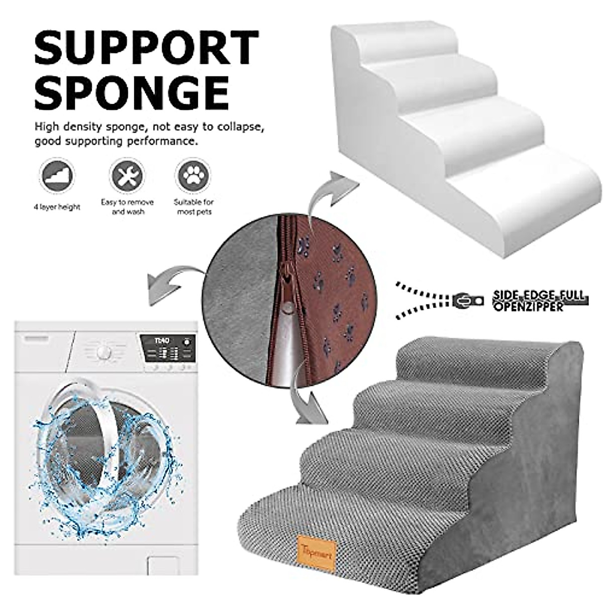 Topmart High Density Foam Dog Steps 4 Tiers,Extra Wide Deep Pet Steps,Non-Slip Pet Stairs,Dog Ramp for Bed,Soft Foam Dog Ladder,Best for Older Dogs Injured,Older Pets,Cats with Joint Pain