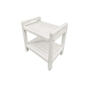 EcoDecors Coastal Vogue White Wash Eleganto 20" Teak Shower Stool with LiftAid Arms and Shelf