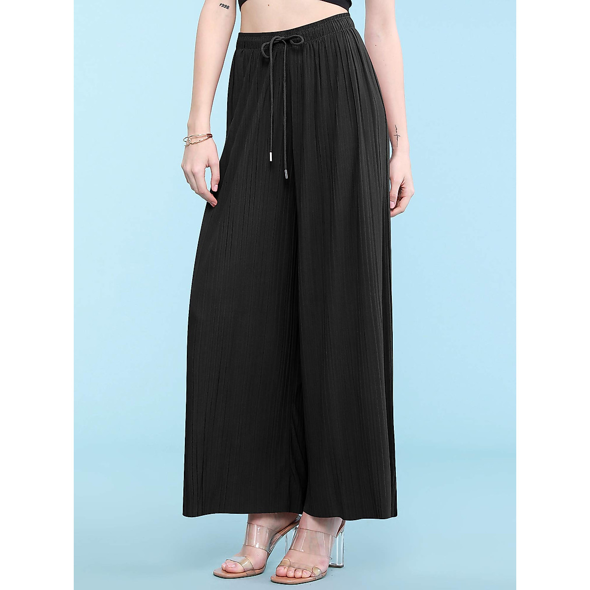 LL WB1485 Womens Casual High Waisted Pleated Palazzo Pants Trousers with Drawstring Plus Black