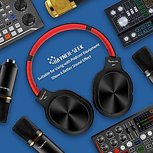 Hayner-Seek Studio Headphones with Microphone Over Ear Stereo Monitoring Closed Headphones for PC, Phone, Chatting, Music, DJ, Podcast (Classical Black-Red)