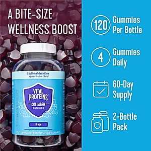 Vital Proteins Collagen Gummies, 2.5g of Clinically-Tested Collagen for Hair, Skin, Nails & Wrinkles, 120 ct Bottle, Pack of 2, Grape Flavor