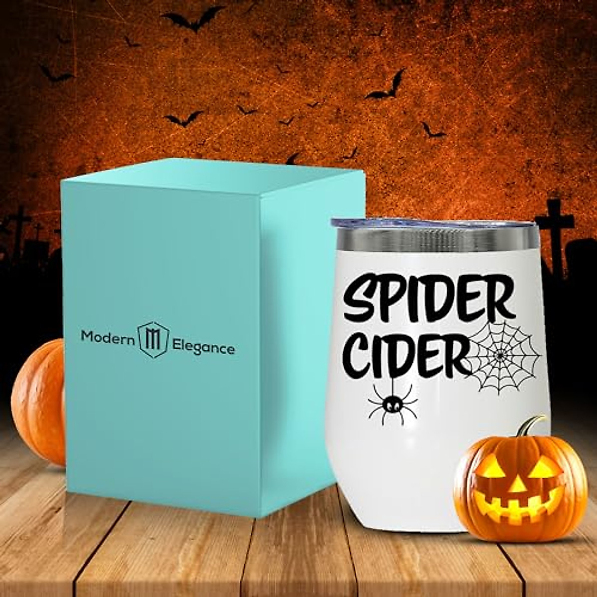 Halloween Tumbler Stemless Wine Glass – 12Oz Wine Tumbler with Straw– Cute Spider Insulated Steel Tumblers Halloween Cup – Spill-Proof, Reusable Halloween Mugs (Modern White - Spider Cider)