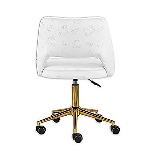 Impressions Vanity Hello Kitty Velvet Vanity Chair with Back, 360 Degrees Swivel Cute Desk Chair with Wheels, Golden Rolling Base Adjustable Height Makeup Chair for Bedroom (White)