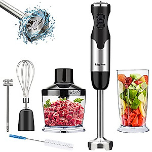 Keylitos 5-in-1 Immersion Hand Blender, Powerful 12-Speed Handheld Stick Blender with 304 Stainless Steel Blades, Chopper, Beaker, Whisk and Milk Frother for Smoothie, Baby Food, Sauces Red,Puree, Soup (Black)