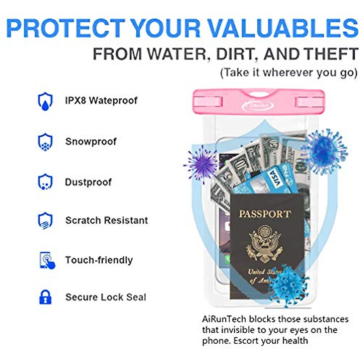 AiRunTech Waterproof Pouch | Way to Keep Your Phone and Valuables Safe and Dry | for Boating Swimming Snorkeling Kayaking Beach Pool (2 Phone Cases(Green + Pink) + 2 Fanny Packs(Black+Gray))