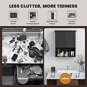 Byroce Bathroom Storage Cabinet Wall Mounted, Wooden Over The Toilet Space Saver with 2 Doors & Adjustable Shelf, Hanging Medicine Cabinets for Bathroom, Living Room, Kitchen (Black)