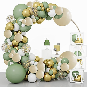 Sage Balloon Garland Arch Kit,134 pcs Sage Green Sand White Metallic Gold Matte White Confetti Latex Balloons for Baby Shower Bridal Shower Bachelor Party Wedding Birthday Party Decorations…