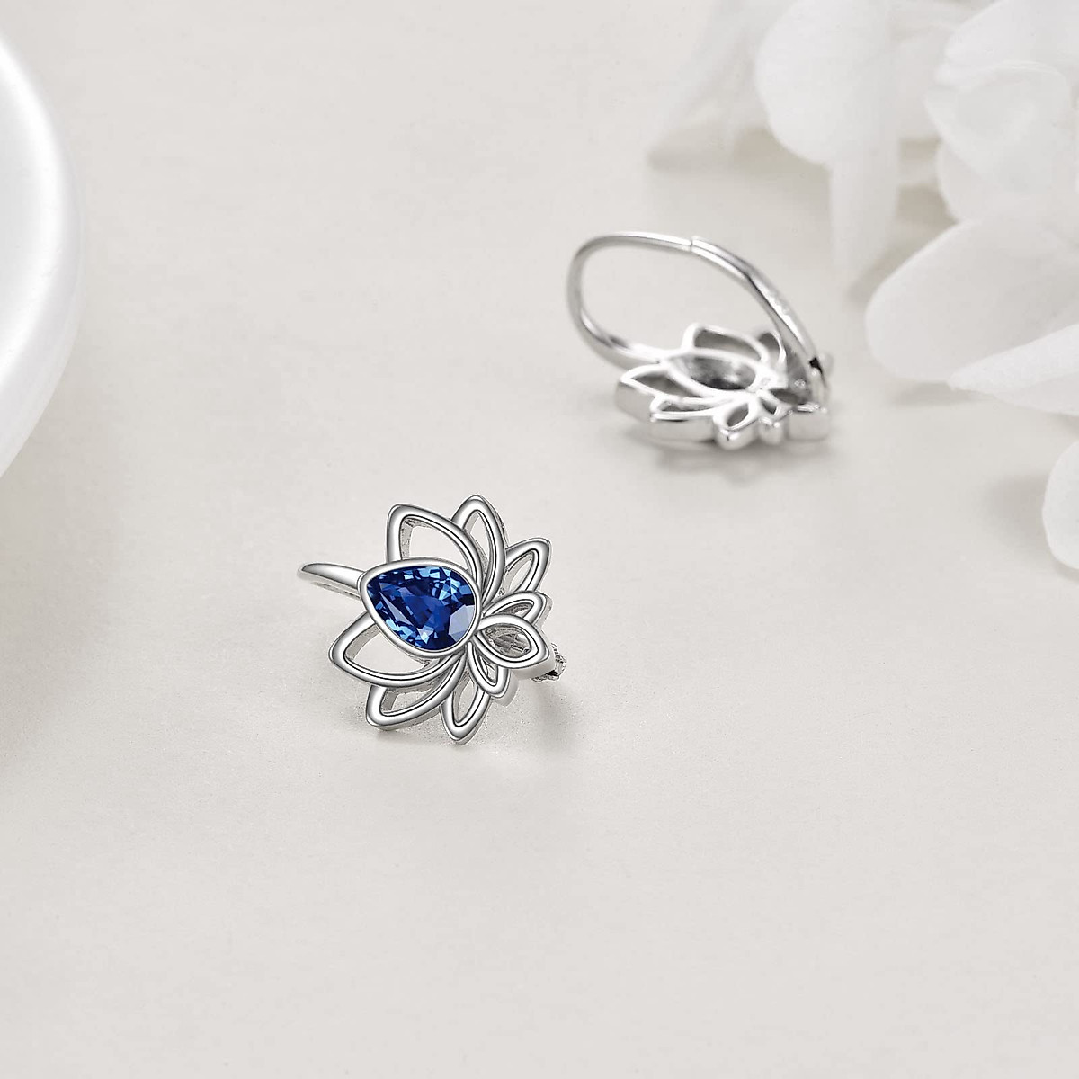 WINNICACA Lotus Leverback Earrings for Women Sterling Silver Flower Lotus Dangle Drop Earrings with Created Sapphire Lotus Jewelry Lotus Gifts for Teens Birthday Anniversary