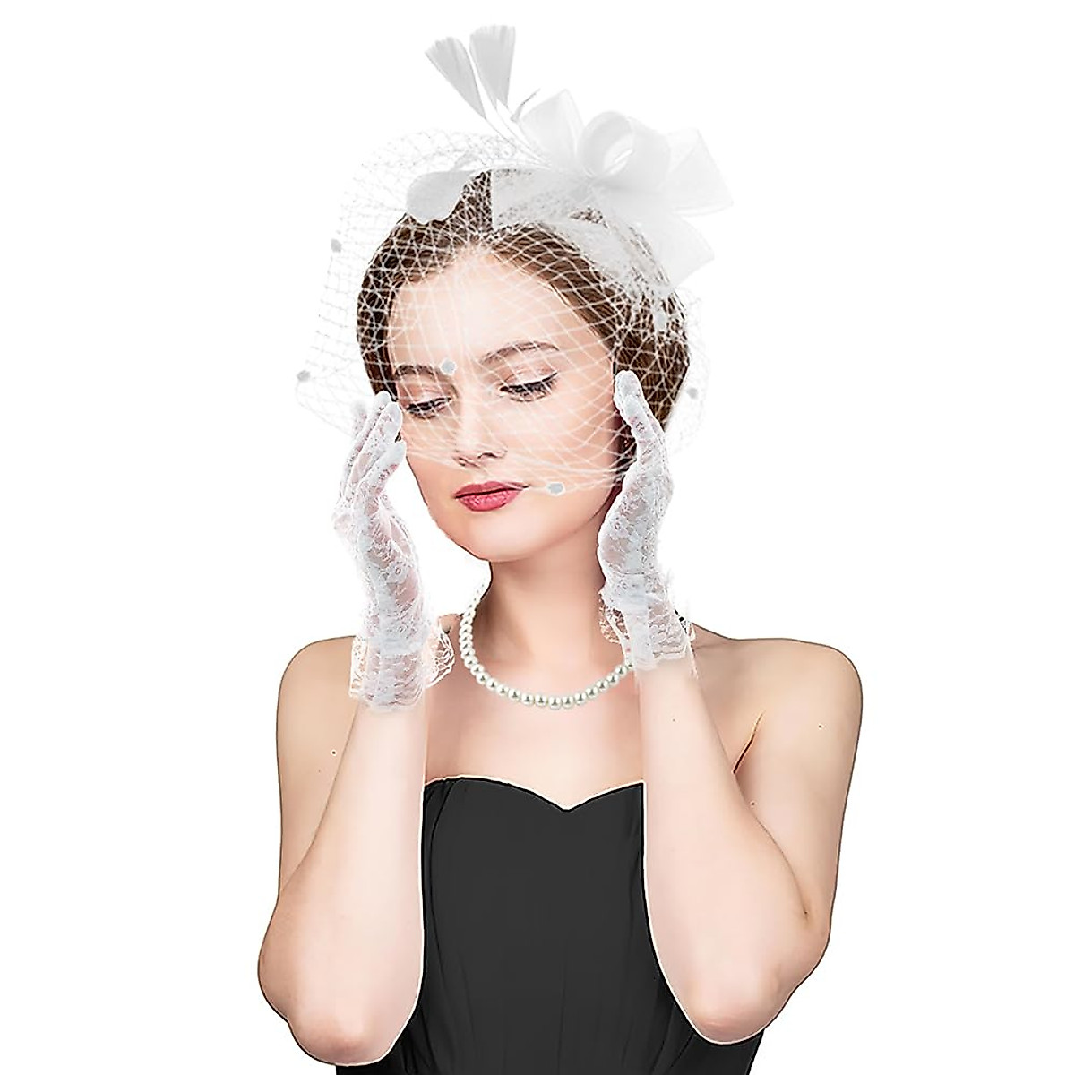 4 Pieces Fascinators Hat for Women Tea Party Hat Feathers Veil Mesh Hat Lace Gloves Bridgerton Accessories for Women Pearl Choker Necklace for Wedding Cocktail Kentucky Fascinator Headband for Women
