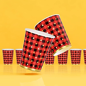 Gatherfun Christmas Cups, Red and Black Plaid Golden Christmas Tree Disposable Paper Cups for Christmas Party Supplies Decorations, 9 OZ 20 Pack