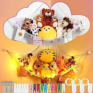Berlune 2 Set Stuffed Animal Net or Hammock with LED Light, Stuffed Animal Storage Stuffed Animal Hammock Corner Toy Hammock Stuffed Animal Organizer with Clips Hooks for Bedroom Nursery Decor