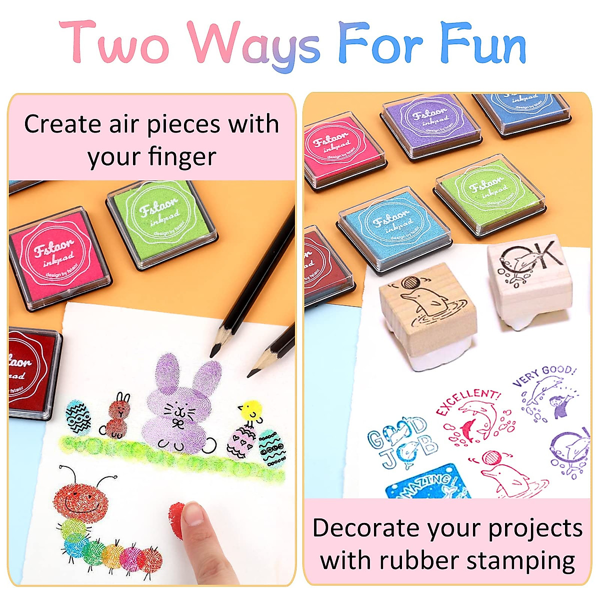 Fstaor 20 Colors Washable Ink Pads for Kids Rubber Stamps, Finger Print Crafts Stamp Pad for Kids, Paper, Scrapbooking, Fabric,Wood (Pack of 20)