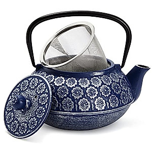 Blue Cast Iron Chinese Teapot with Infuser for Loose Leaf Tea, Includes Handle and Removable Lid (34oz)