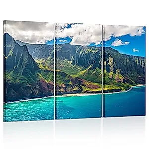 Kreative Arts - Large Nature Art Poster Print on Canvas View on Napali Coast on Kauai island on Hawaii Landscape Pictures for Office Walls 16x32inchx3pcs