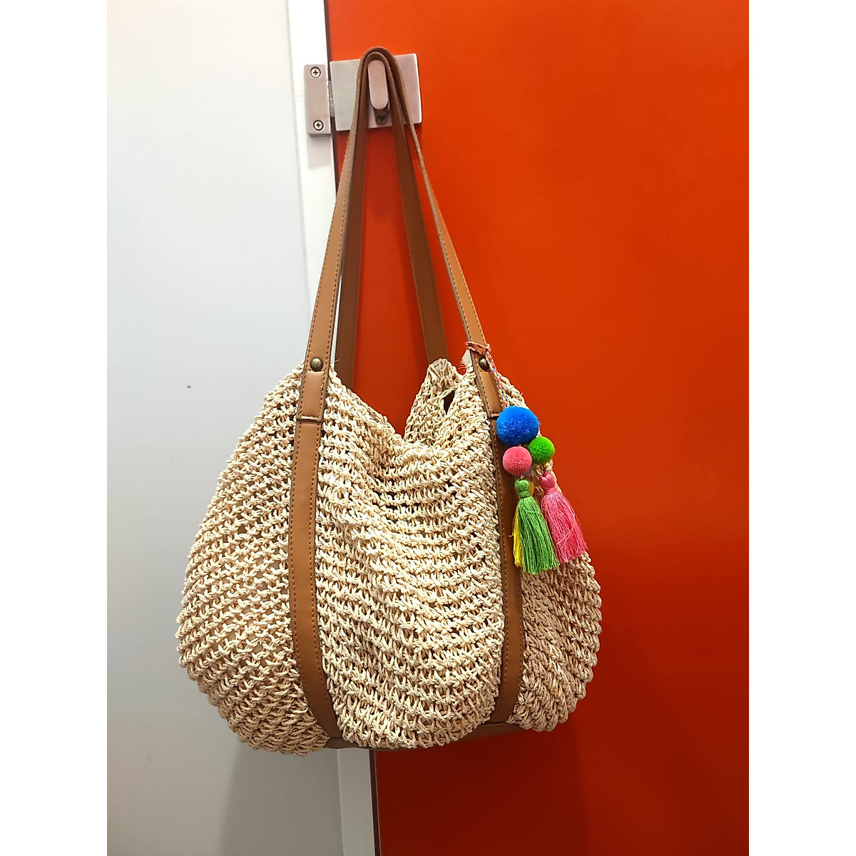 Straw Bag for Women Large Handwoven Bucket Tote with Tassel Slouchy Purse Summer Beach Handbag Wicker Rattan Round Woven Boho Shoulder