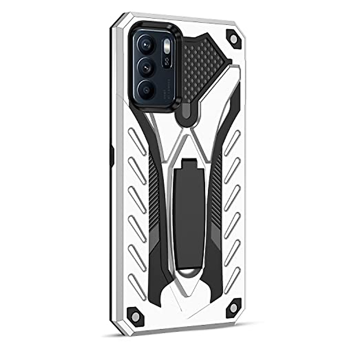 AHUOZ Compatible with Oppo Reno 6 Pro(5G),Military Grade Strong Two Layer PU+TPU Hybrid Full Body Case,Bracket Protective Dustproof Shockproof Cover (Color : Atmospheric Silver)