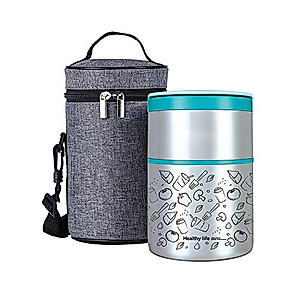 Lille Home Vacuum Insulated Stackable Stainless Steel Thermal Lunch/Snack box, 2-Tier Bento/Food Container with Lunch bag, Smart Diet, Weight Control, 32 Ounces, Blue