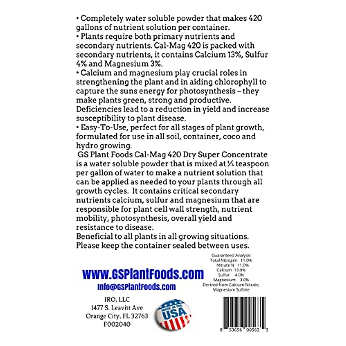 GS Plant Foods Cal-Mag 420 Dry Super Concentrate, Makes 420 Gallons of Nutrient Solution, 18 Ounces, Calcium/Magnesium Fertilizer