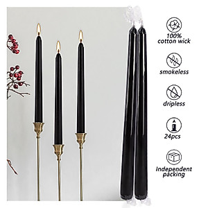 Black Taper Candles - Set of 24 Dripless Candles - 10 inch Tall, 3/4 inch Thick - 7.5 Hour Clean Burning