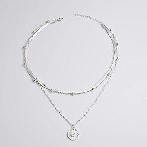 Woent Layered Lotus Pendant Necklaces Silver Bead Choker Necklace Chain Adjustable Jewelry for Women