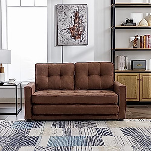 Lifeand Modern Upholstered Couch with Side Pocket for Living Room Office 59.4" Loveseat Sofa with Pull-Out Bed, Brown
