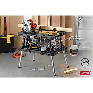 Keter - 197283 Folding Table Work Bench for Miter Saw Stand, Woodworking Tools and Accessories with Included 12 Inch Wood Clamps – Easy Garage Storage Black/Yellow